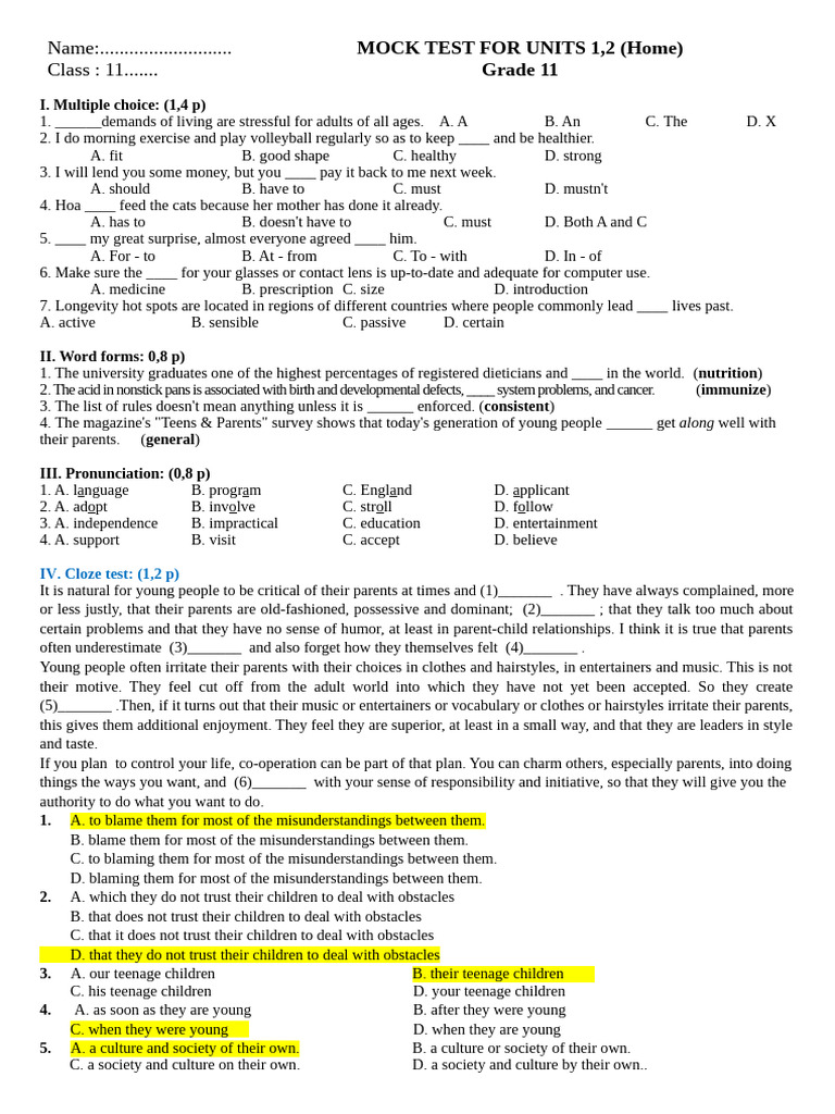 Đề Thử Unit 1,2 (50 Câu) Home - Mới | PDF | Fat | Diet (Nutrition)