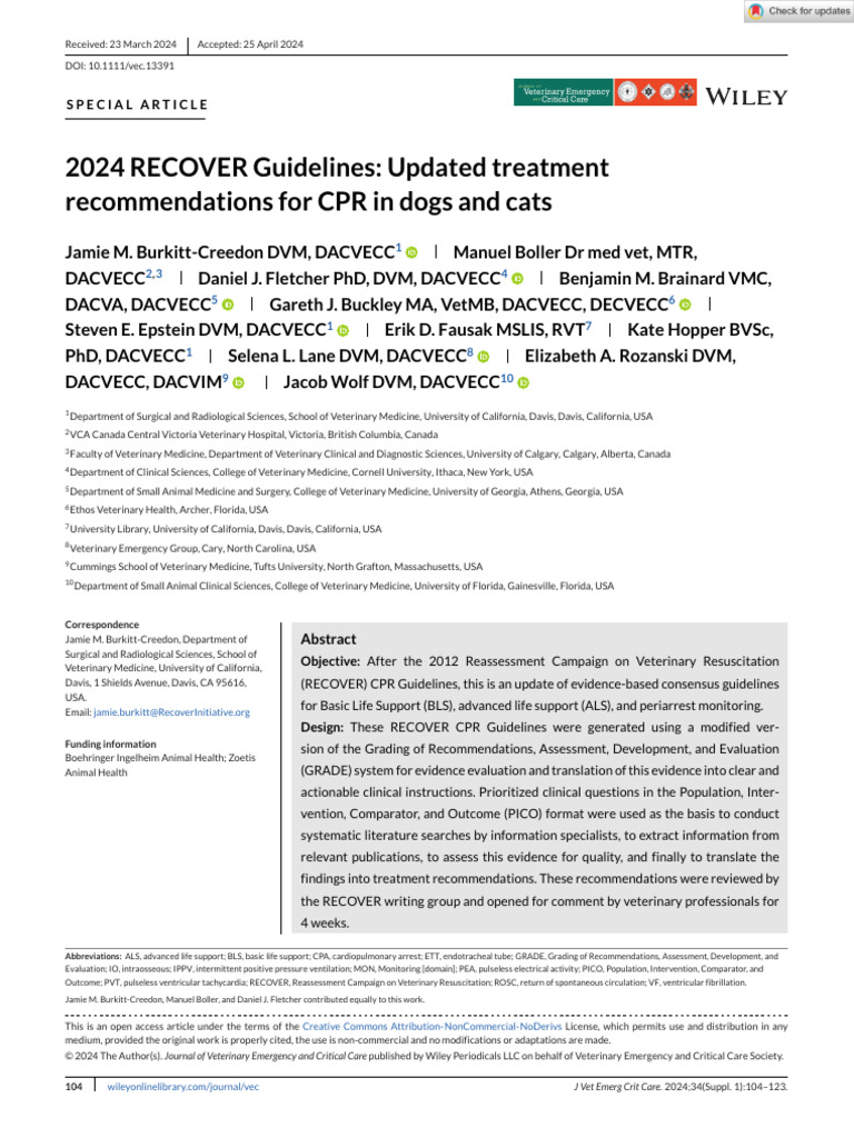 J Vet Emergen Crit Care - 2024 - Burkitt‐Creedon - 2024 RECOVER ...