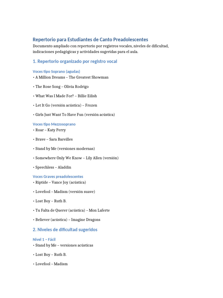 Repertorio Vocal para Preadolescentes | PDF