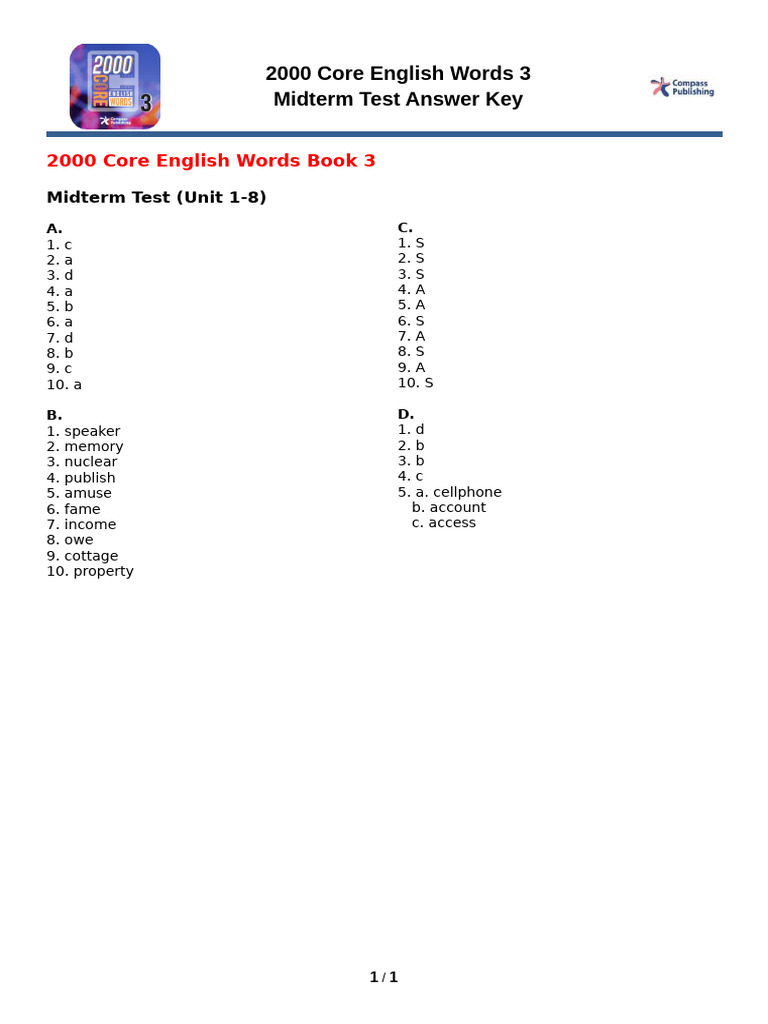 2000 Core English Words 3 Midterm Answer Key Pdf