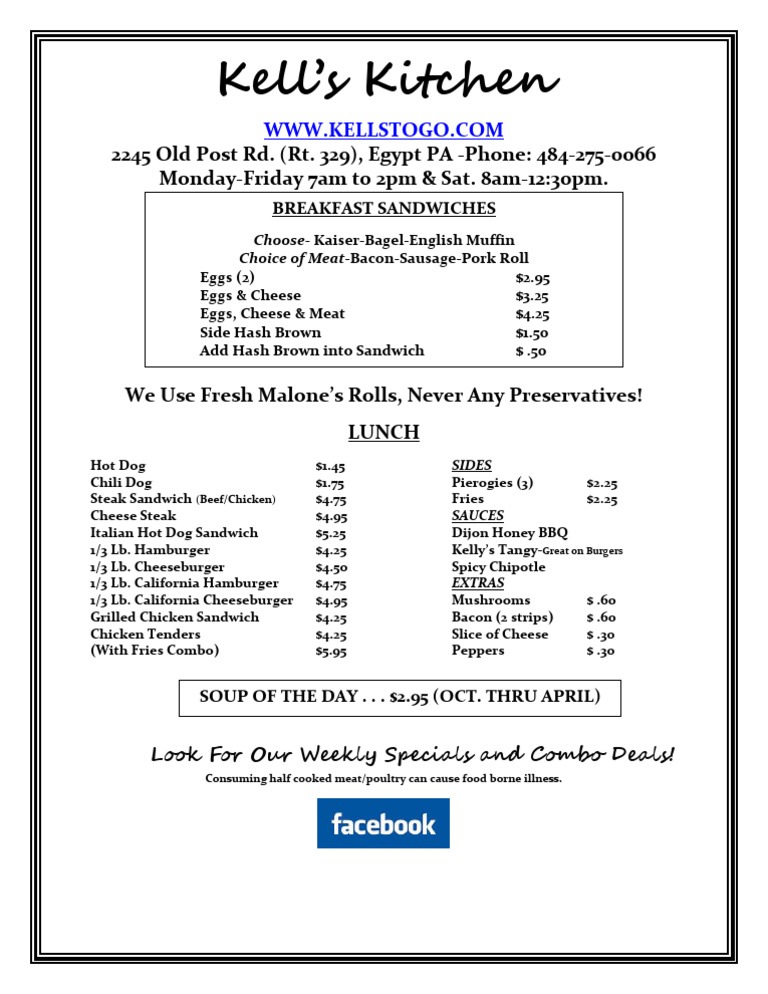 Kell's Kitchen Menu & Hours | PDF | Cooking, Food & Wine