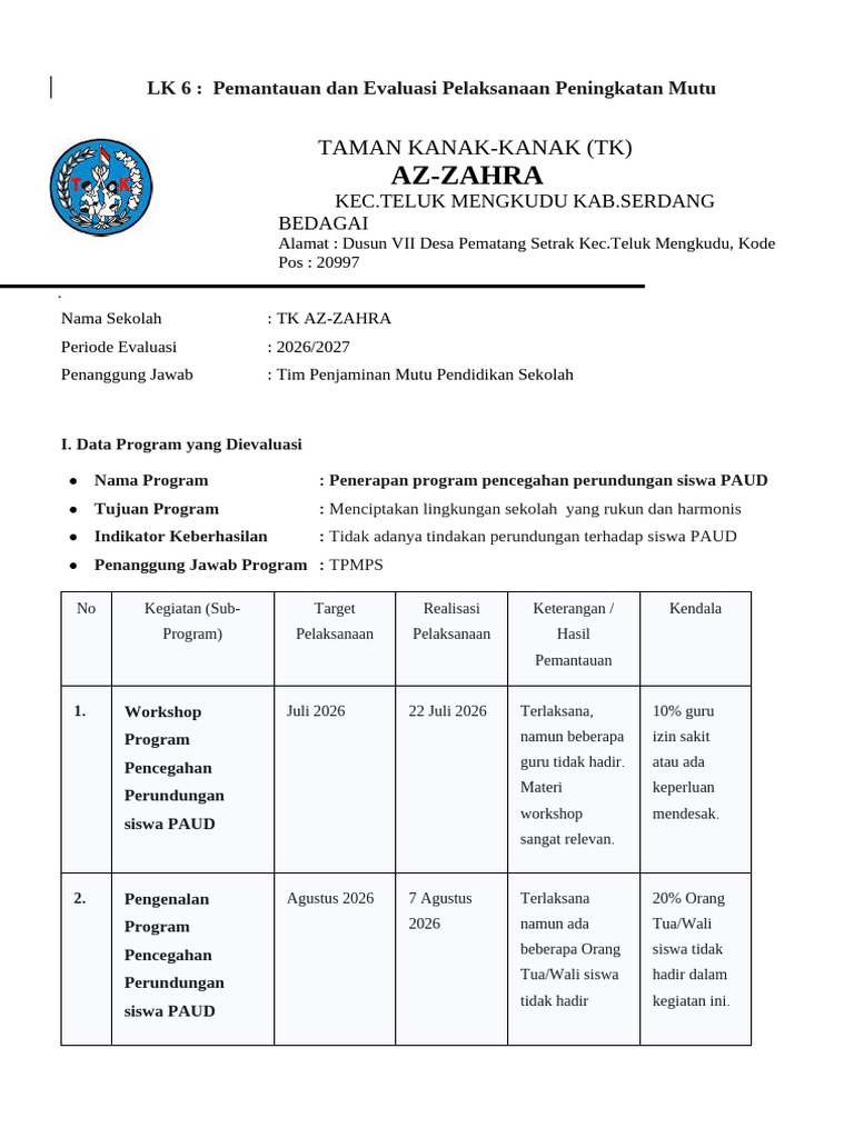 LK-6 - PAUD - Pemantauan Dan Evaluasi Pelaksanaan PAUD | PDF