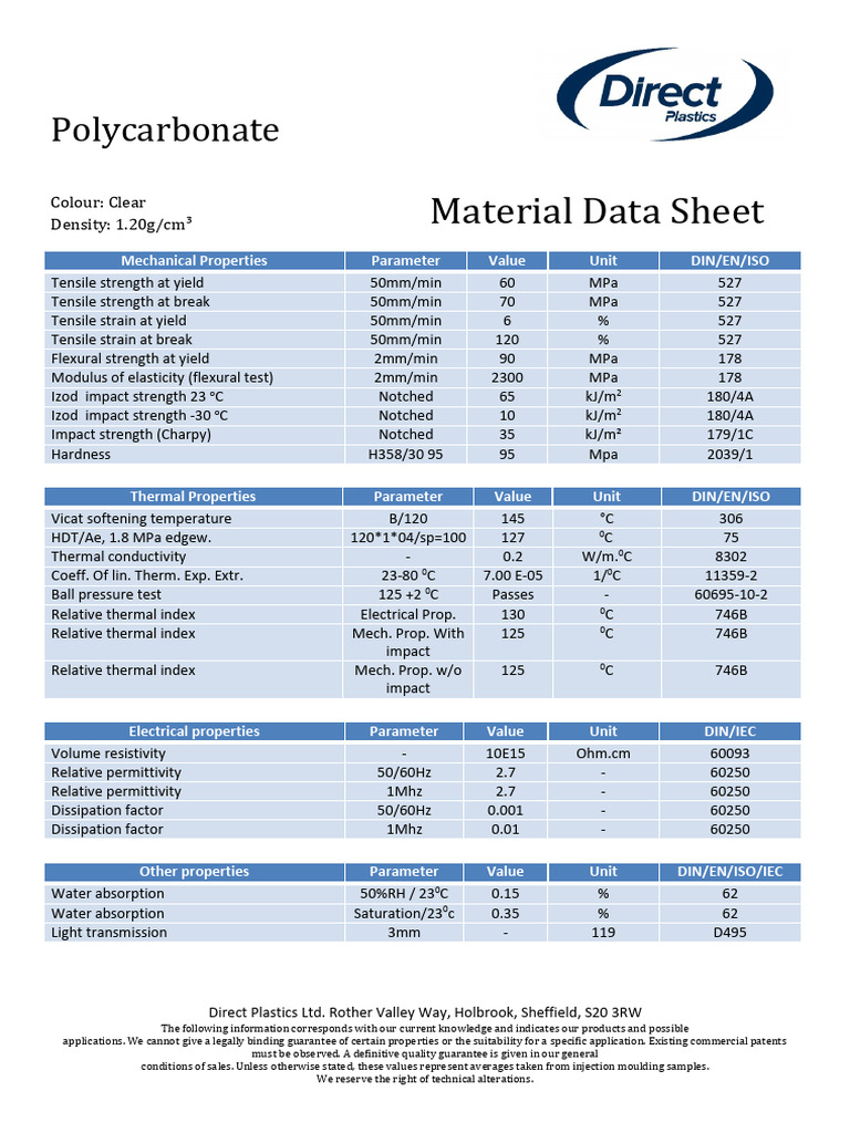 Polycarbonate Material Data Sheet | PDF | Strength Of Materials | Yield ...