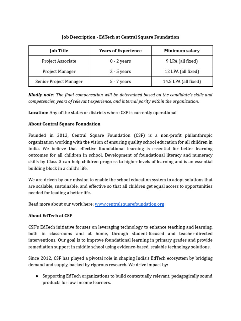 Job Description - EdTech at CSF | PDF | Educational Technology | Learning
