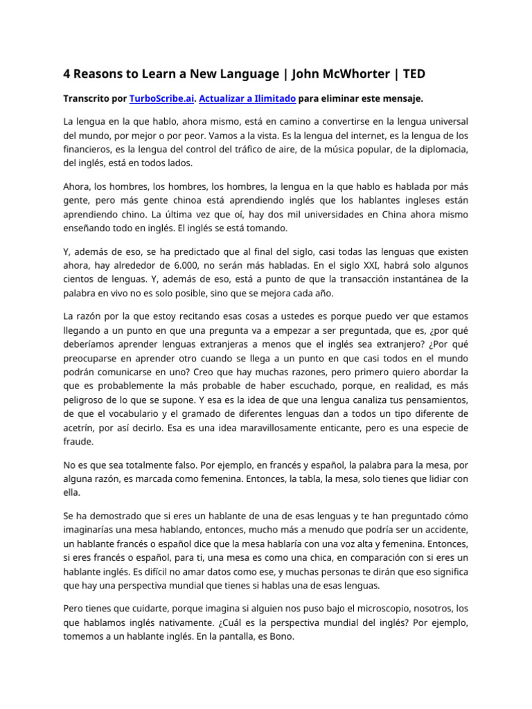 4 Reasons To Learn A New Language John Mcwhorter Ted Pdf Idioma