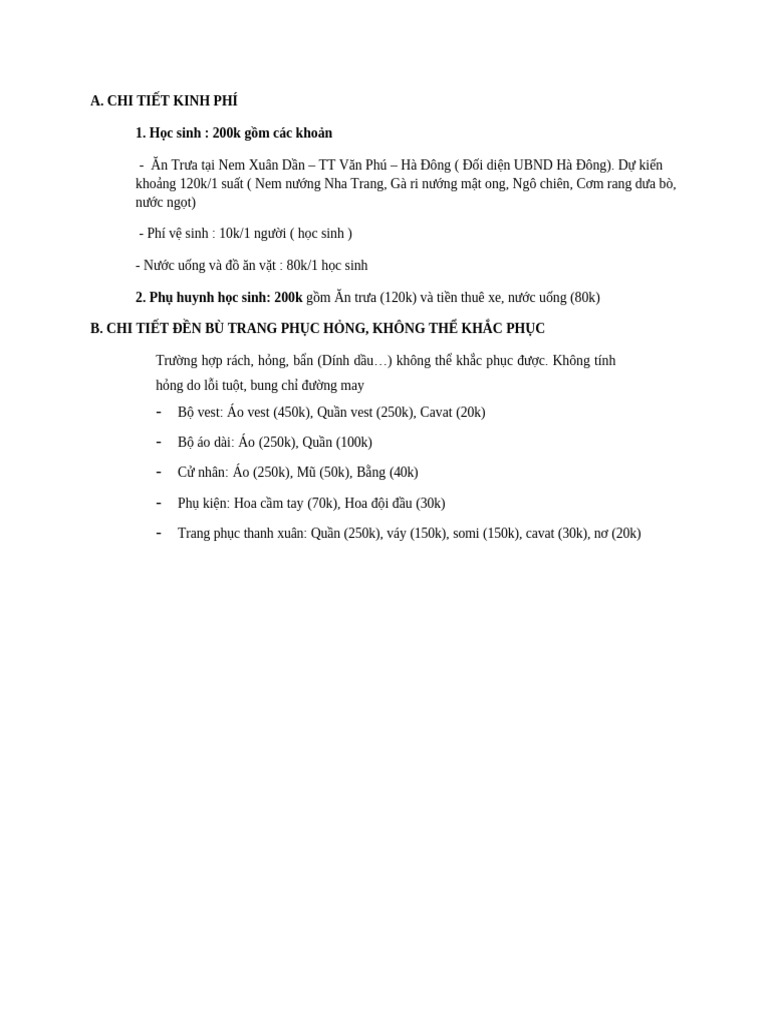 Chi Tiết Kinh Phí Và Đền Trang Phục | PDF
