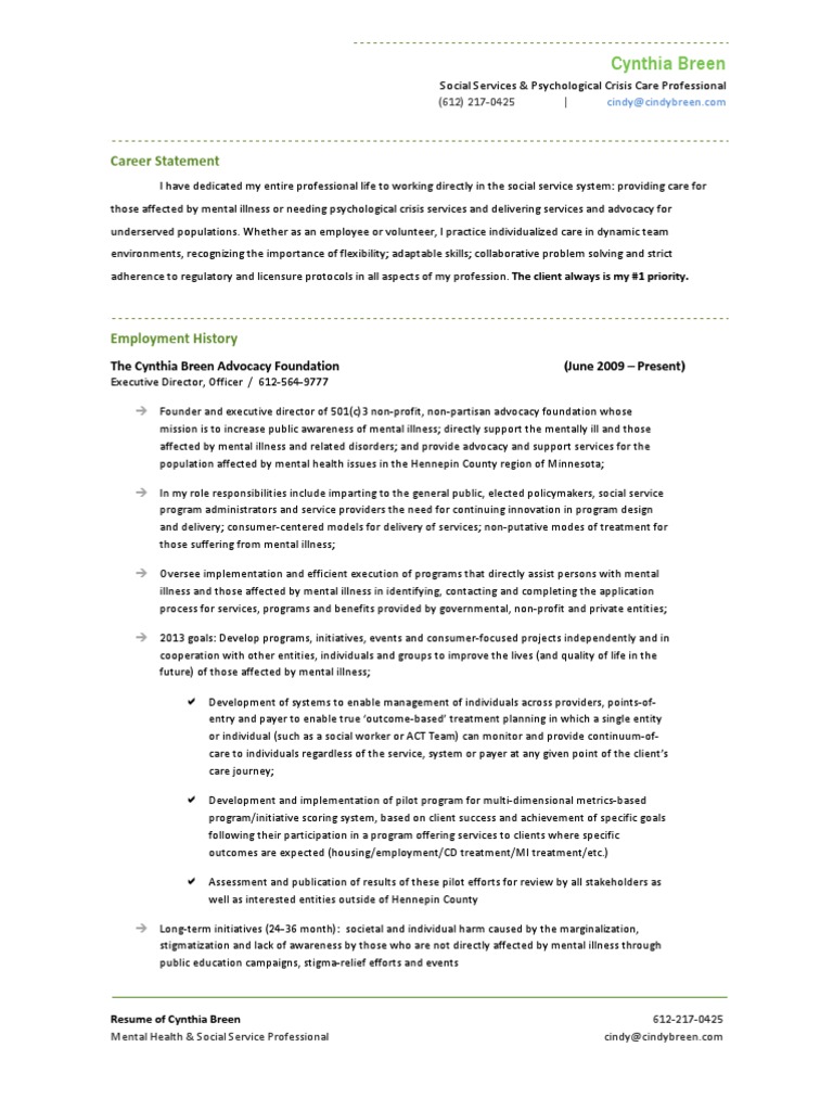 Resume - Cindy Breen - Mental Health & Social Services Professional ...