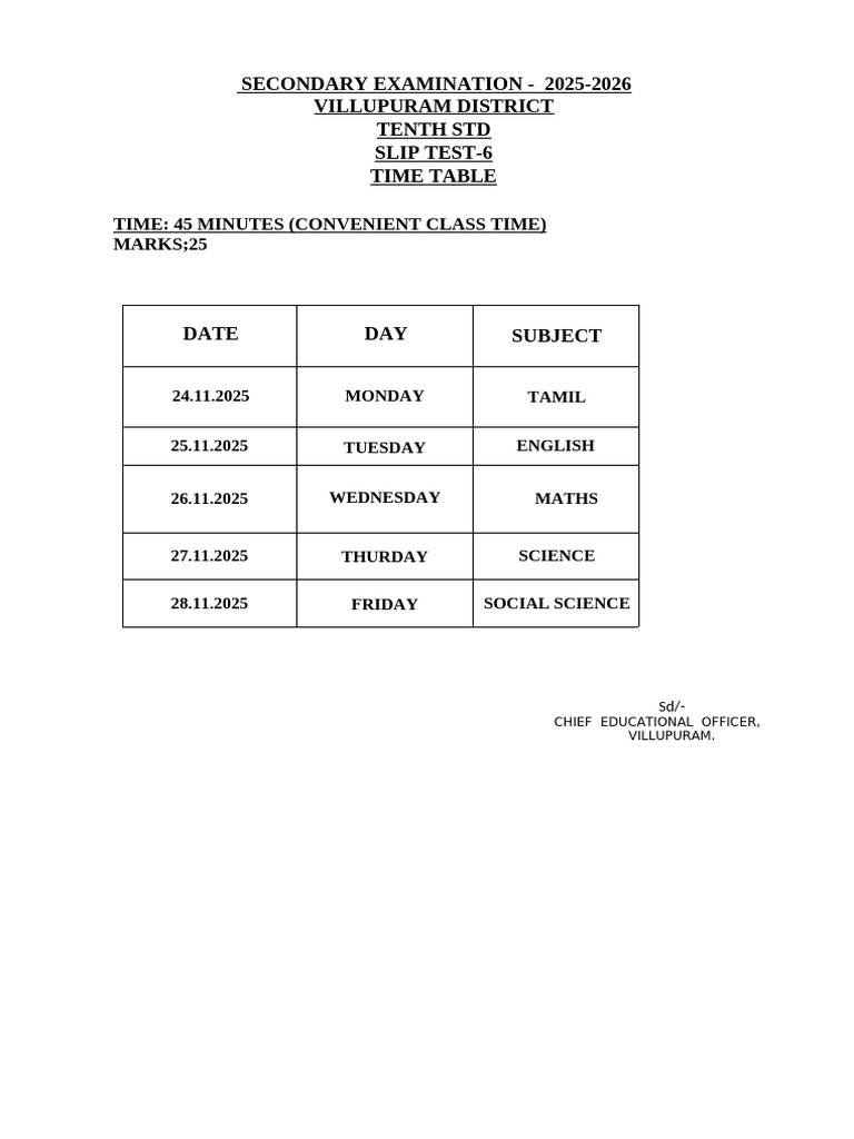 Slip Test 6 Time Table | PDF