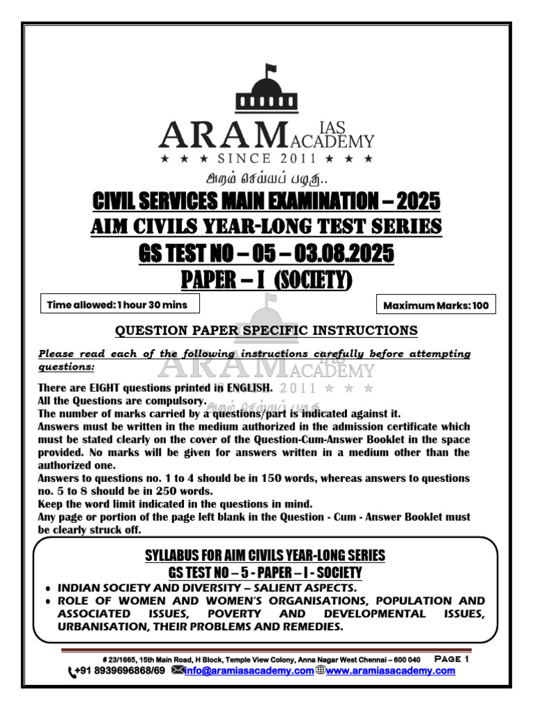 Aim Civils Year Long Test Series Test 05 Paper I Society Question | PDF
