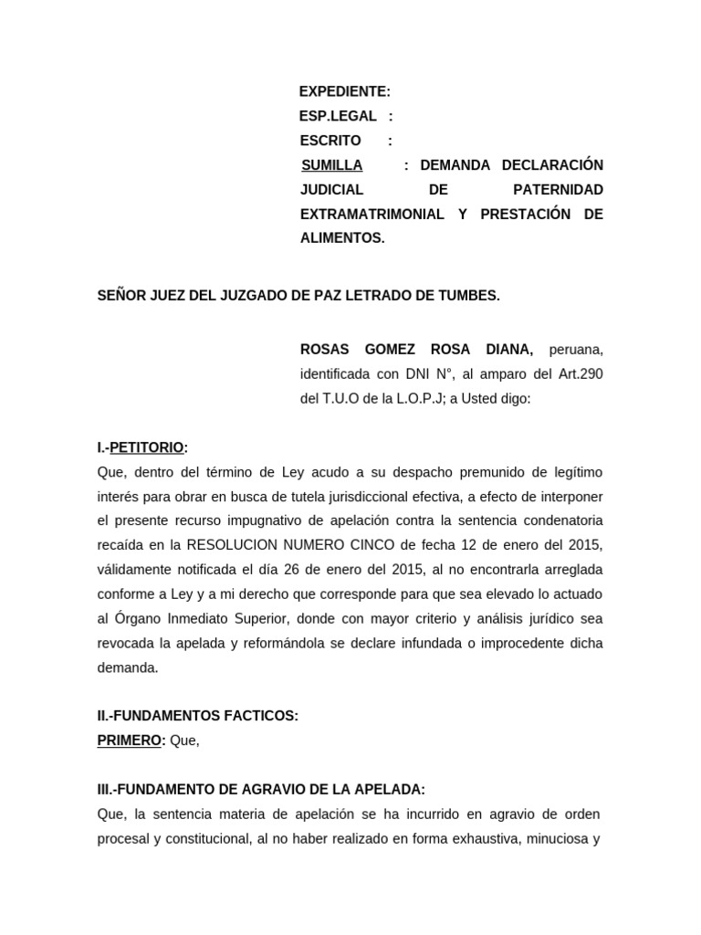 Demanda Declaración Judicial de Paternidad Extramatrimonial y Prestación de Alimentos. | PDF ...