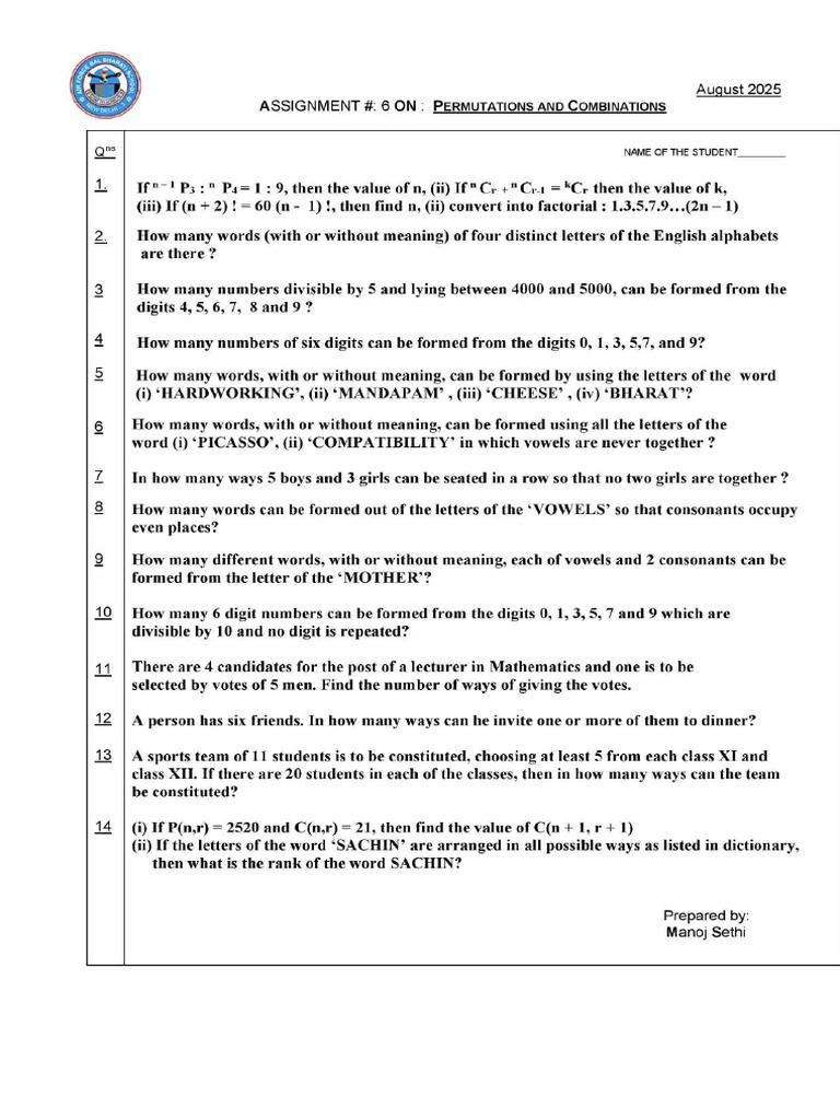 Permutations and Combinations Class Xi | PDF