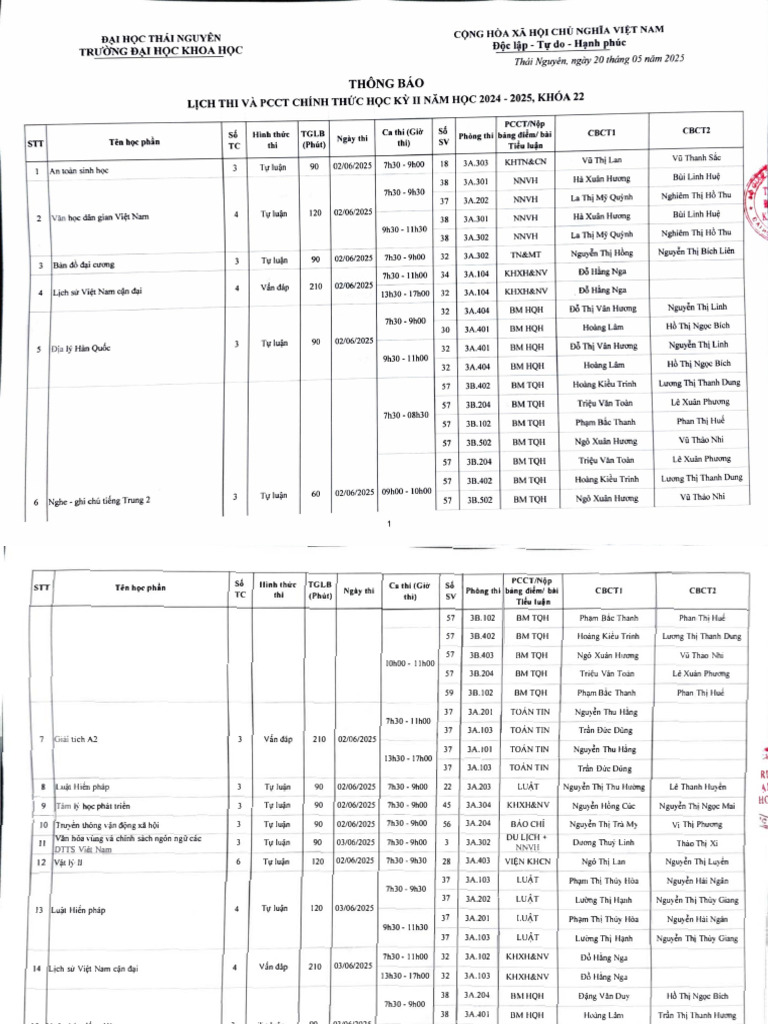 (Khóa 22) Lịch Thi Và Pcct Chính Thức Hk 2 Năm Học 2024-2025 (Chính Thức) | PDF | Vietnam