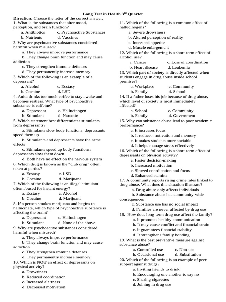 Long Test in Health 3rd Quarter | PDF | Substance Abuse | Stimulant