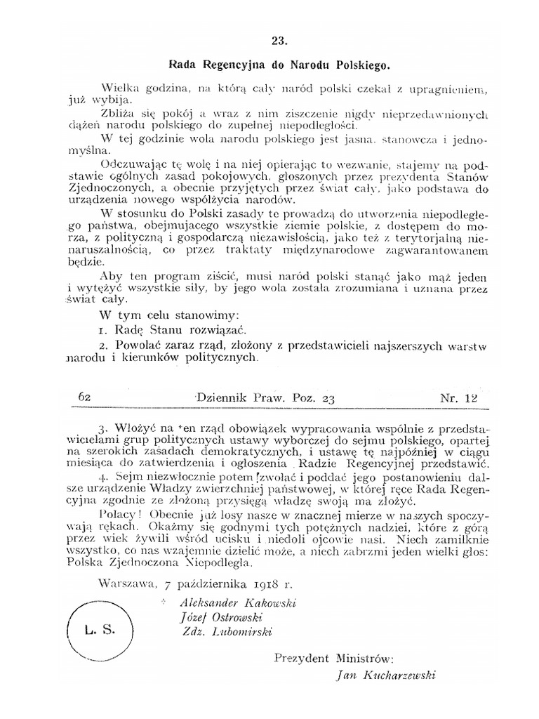 Oredzie Rady Regencyjnej Do Narodu Polskiego | PDF