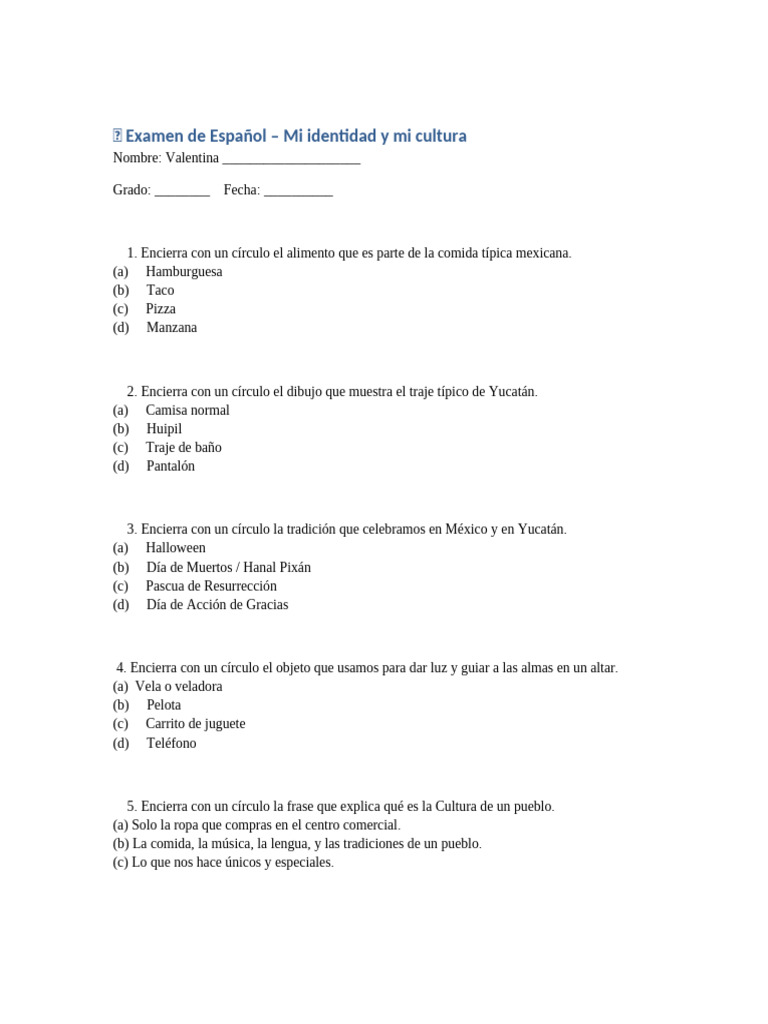 Examen Valentina Mi Identidad y Mi Cultura | PDF