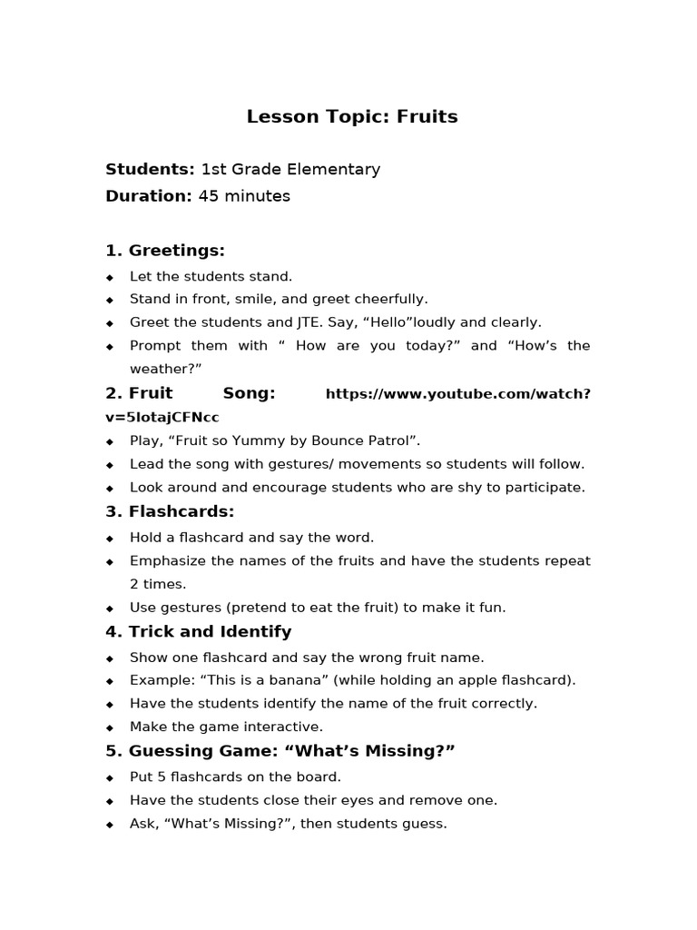 Engaging 1st Grade Fruit Lesson Plan | PDF