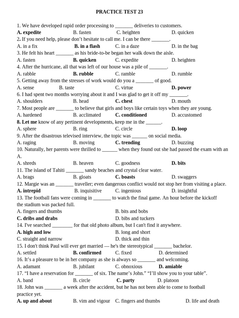 Vocabulary Practice Test Questions | PDF | Audiobook | Verb