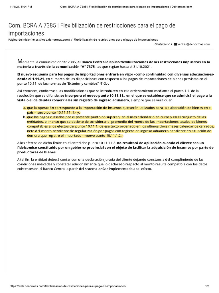Com. BCRA A 7385 - Flexibilización - DeNormas | PDF | Economias