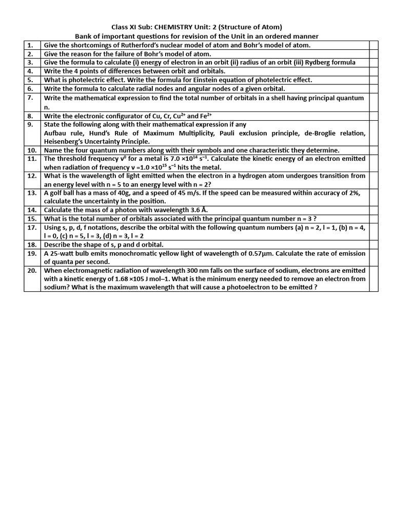 2 - Class XI Bank of Imp Ques Unit2-Structure of Atom | PDF | Atomic Orbital | Photoelectric Effect