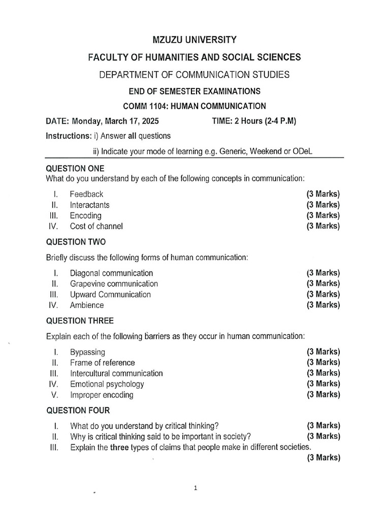 COMM 1104 Human Communication End of Semester Examination Paper March ...