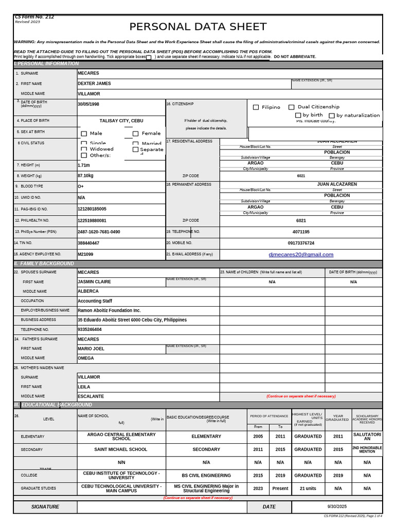 ANNEX H-1 - CS Form No. 212 Revised 2025 - Personal Data Sheet-MECARES ...