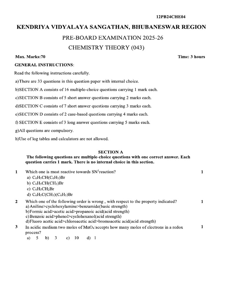 Xii Chem QP Pb-1 2025-26 | PDF