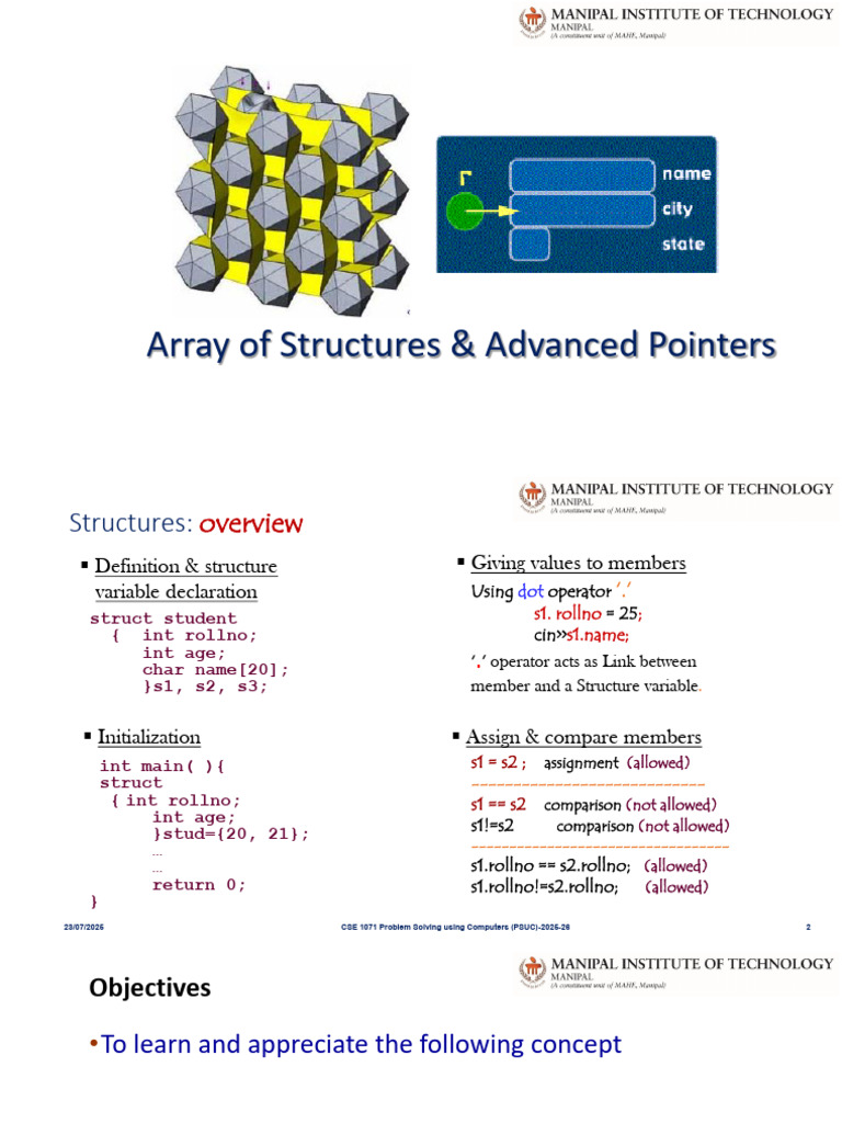 15 Array of structures & Advanced Pointers | PDF | Pointer (Computer ...