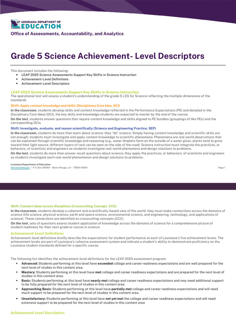 Grade 5 Science Achievement Levels Guide | PDF | Science | Knowledge