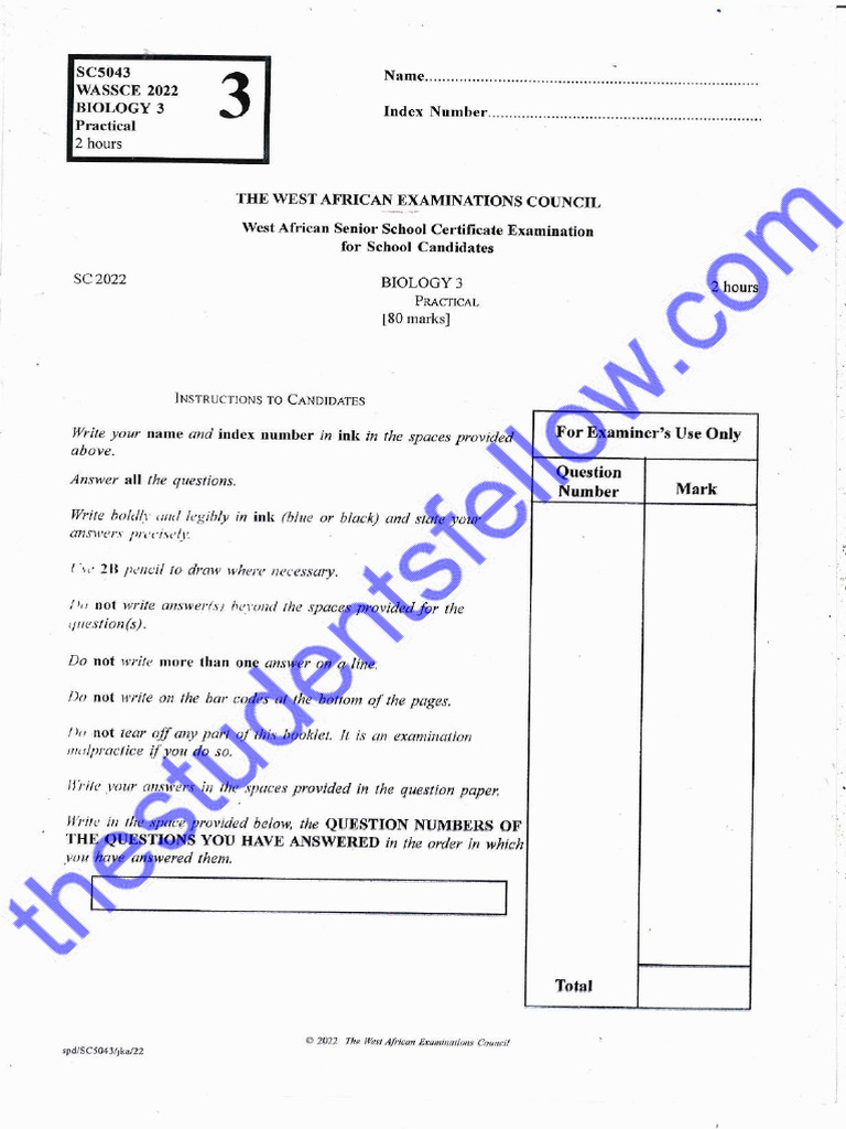 WASSCE Biology 3 Past Questions 2022 | PDF
