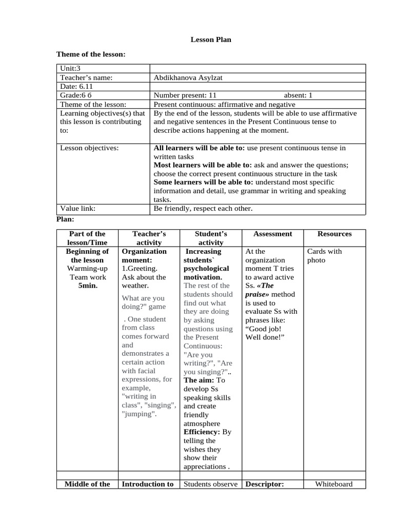 Present Continuous Lesson Plan for Grade 6 | PDF | Lesson Plan | Vocabulary