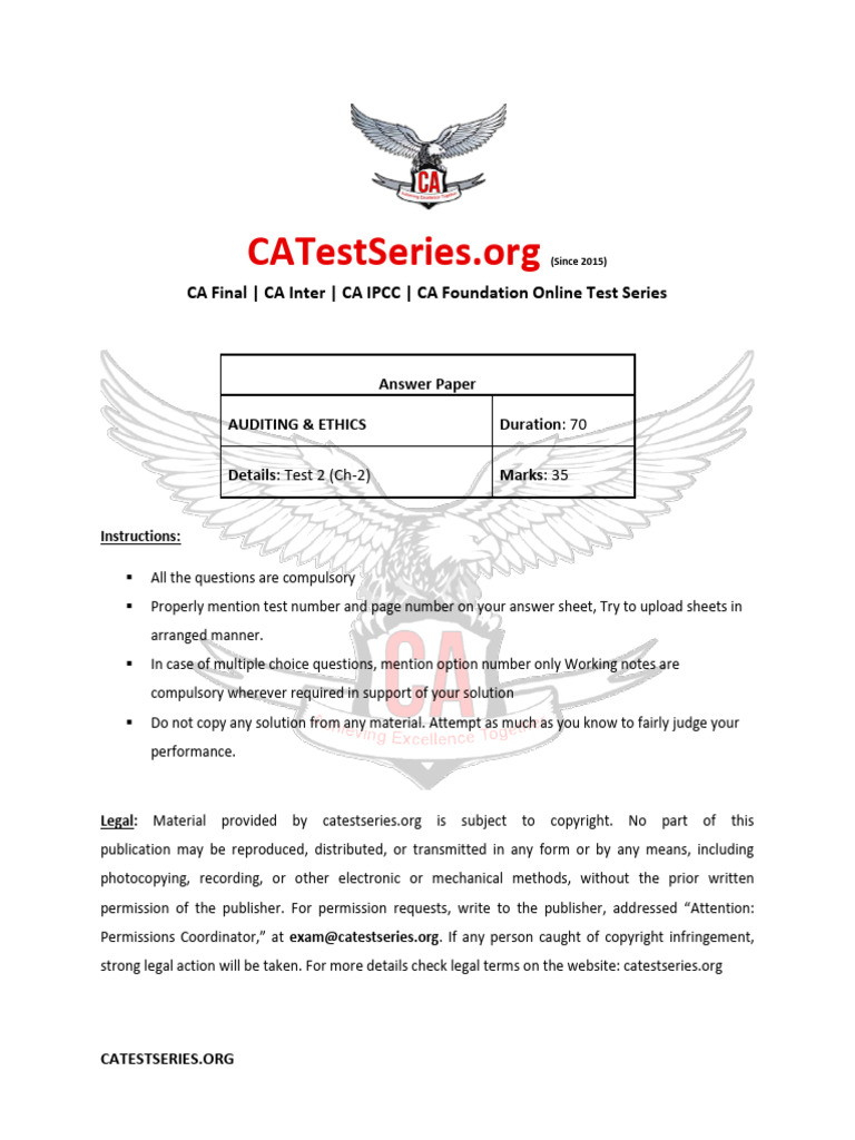 CA Auditing & Ethics Test Series Guide | PDF | Audit | Internal Control