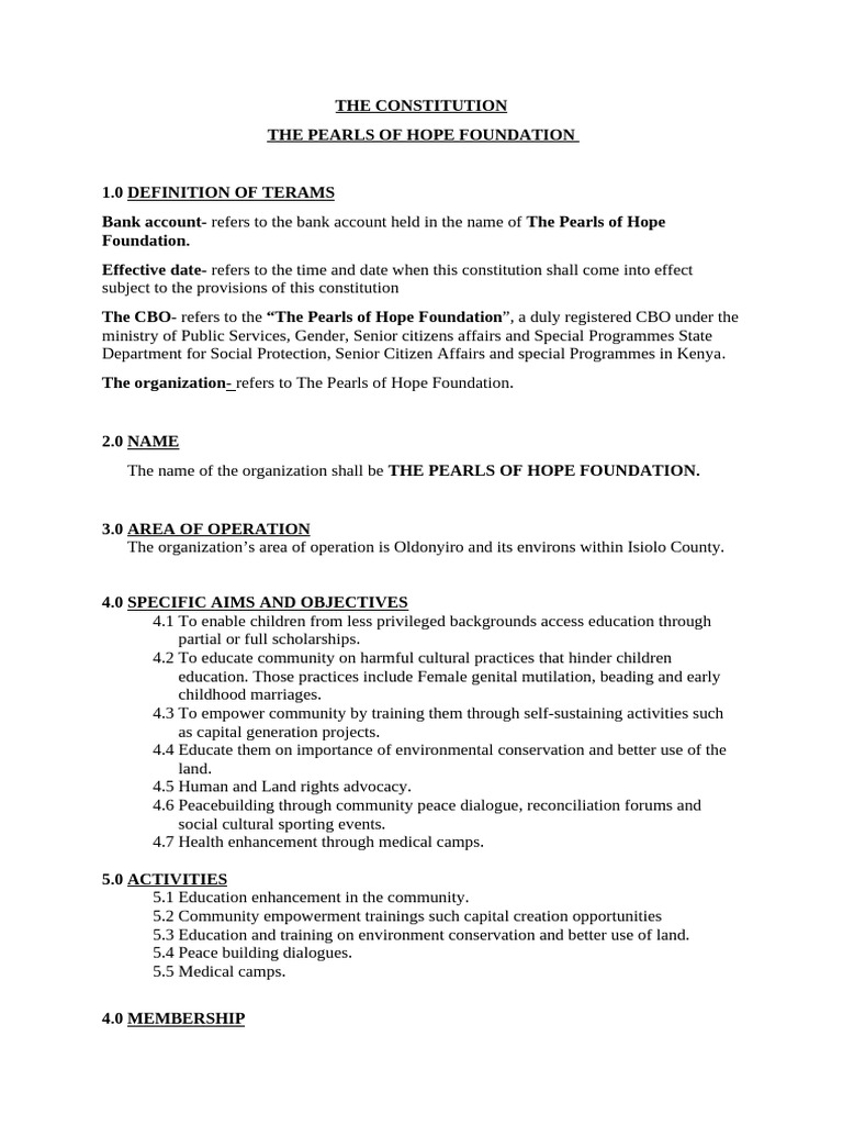The Pearls of Hope Foundation Constitution | PDF | Banks | Peacebuilding