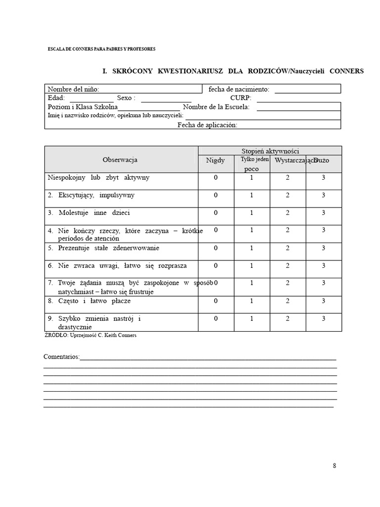 Skala Connersa Dla Rodziców | PDF