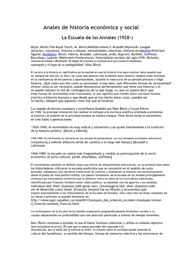 La Escuela de Los Annales | PDF | Historiografía | Educación en artes ...