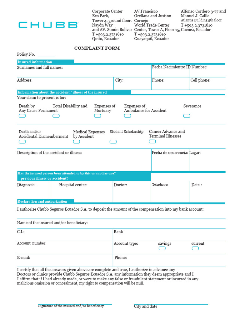 Chubb Insurance Claim Form | PDF | Physician | Death