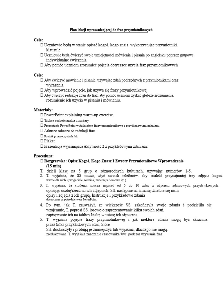 Plan Lekcji Wprowadzającej Do Fraz Przymiotnikowych | PDF