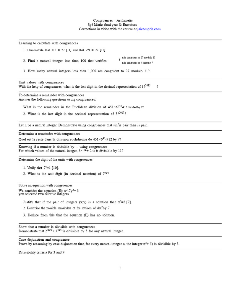 Congruence Spe Maths Exercise PDF | PDF | Arithmetic | Number Theory