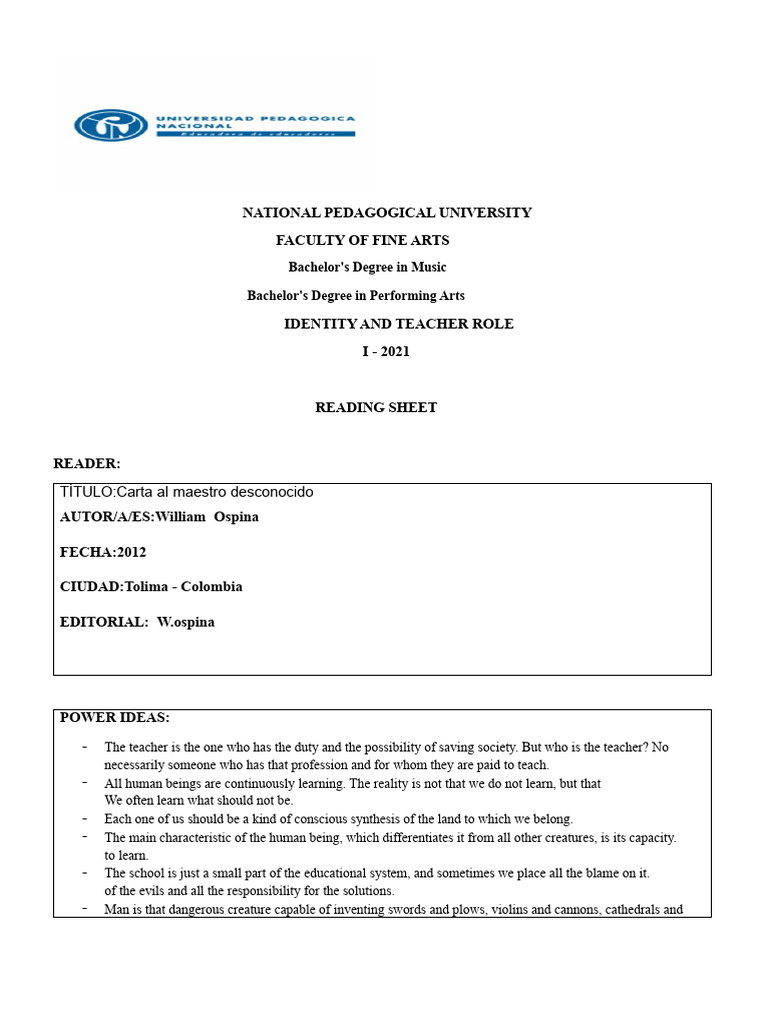 READING SHEET - Letter to the Unknown Teacher | PDF | Reason | Thought