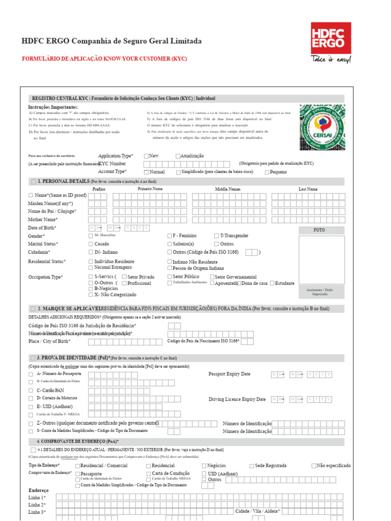 Formulário KYC HDFC ERGO: Instruções e Detalhes | PDF