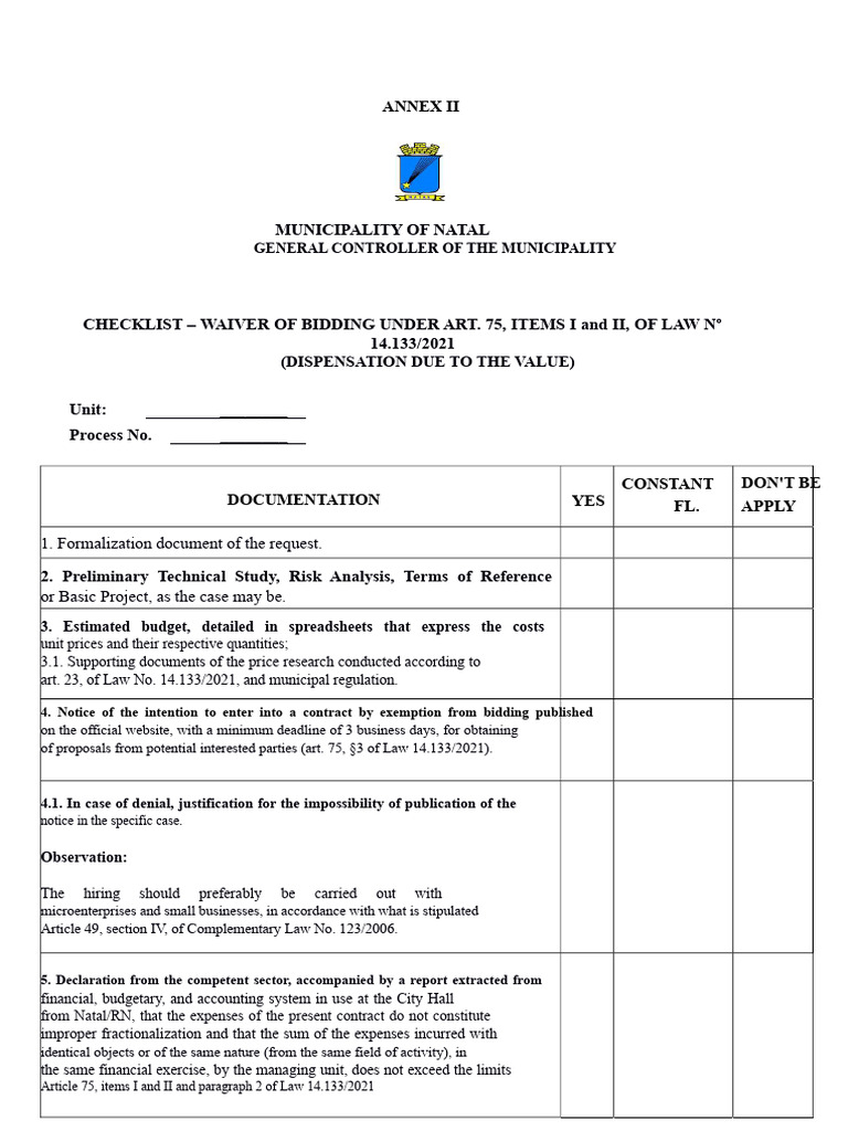CGM Attachment 2 Check List Law n14.133 2021 Exemption From Bidding Due ...