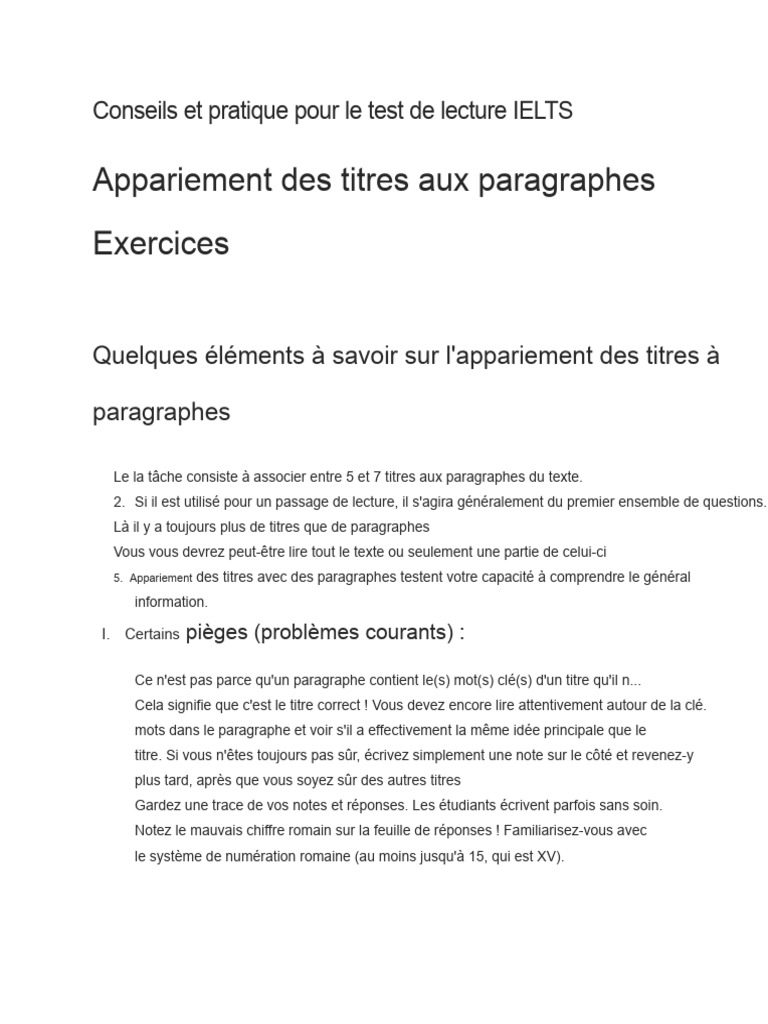 Conseils de Lecture IELTS Et Test de Pratique - Exercices D'appariement ...