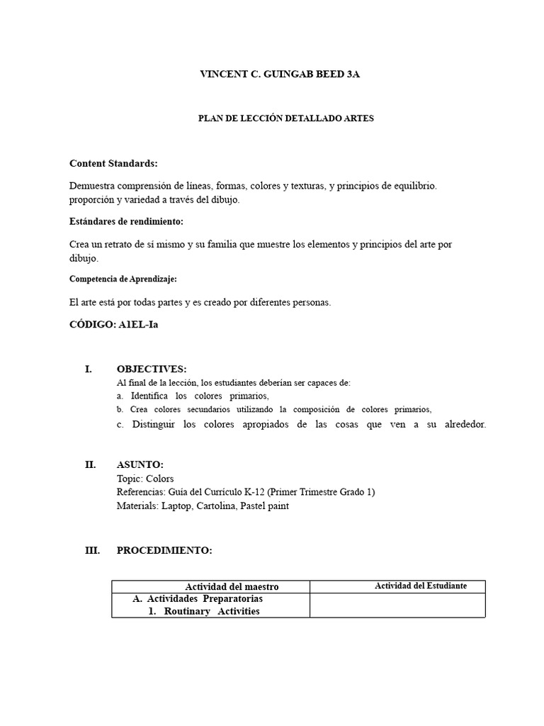 Vincent Guingab DLP Artes Clases Multinivel Grados 1 y 2 | PDF | Color ...