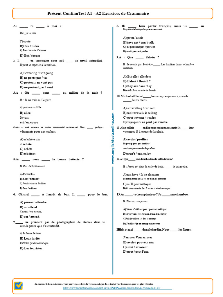 449 - Test de Présent Continu A1-A2 - Exercices de Grammaire | PDF