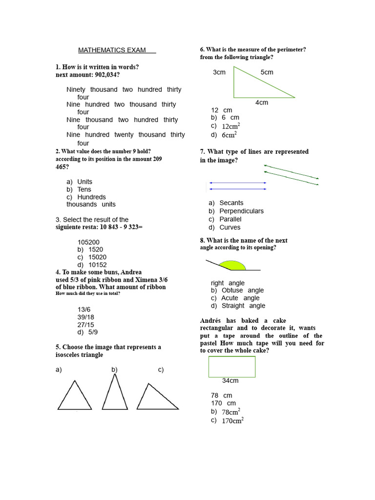 Mathematics Exam Third Trimester 5th Grade | PDF | Numbers | Metre