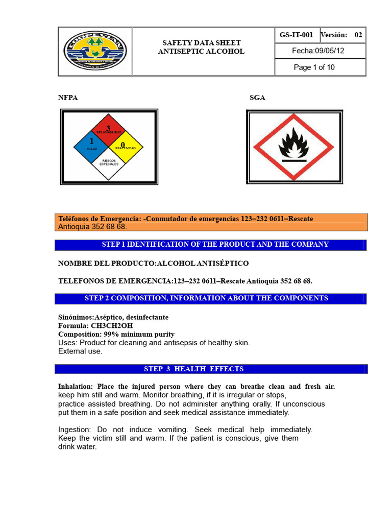 SAFETY DATA SHEET ALCOHOL ANTISEPTIC.pdf | PDF | Firefighting | Personal Protective Equipment