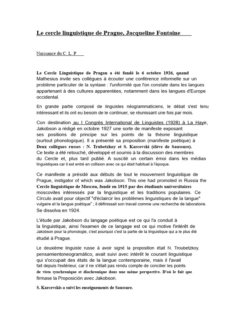 Le Cercle Linguistique de Prague | PDF | Phonologie | Linguistique