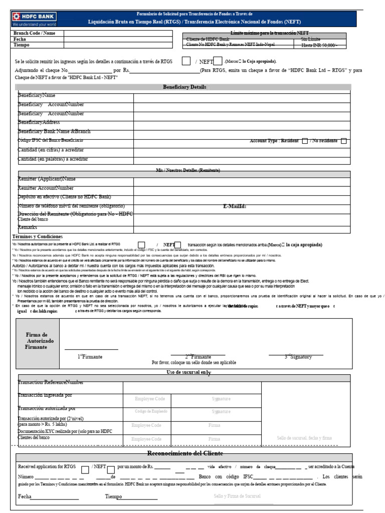 Formulario RTGS/NEFT HDFC Bank | PDF | Transferencia bancaria | Cheque