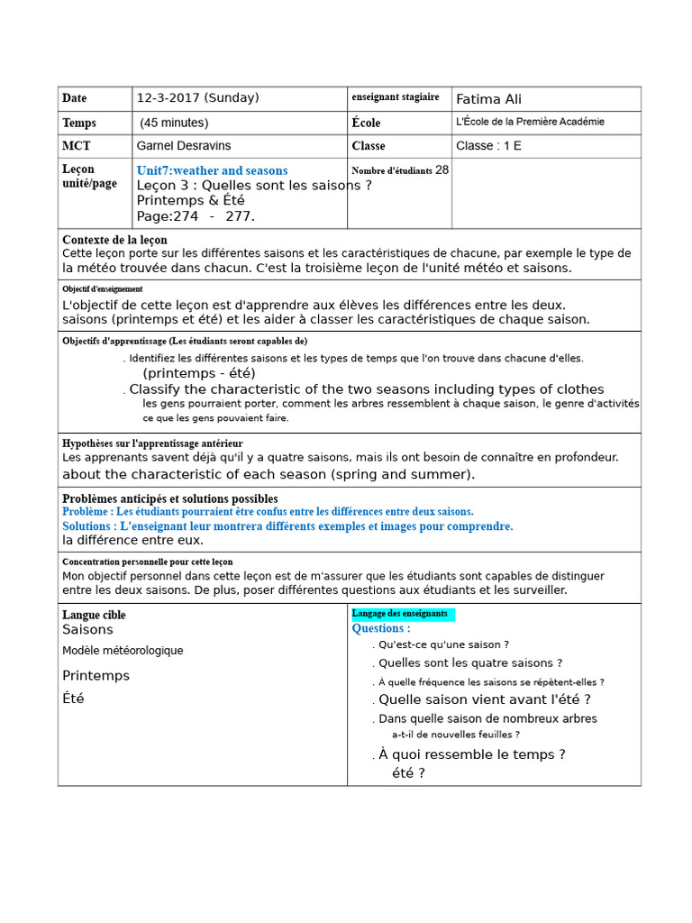 Plan de Leçon - Saison | PDF