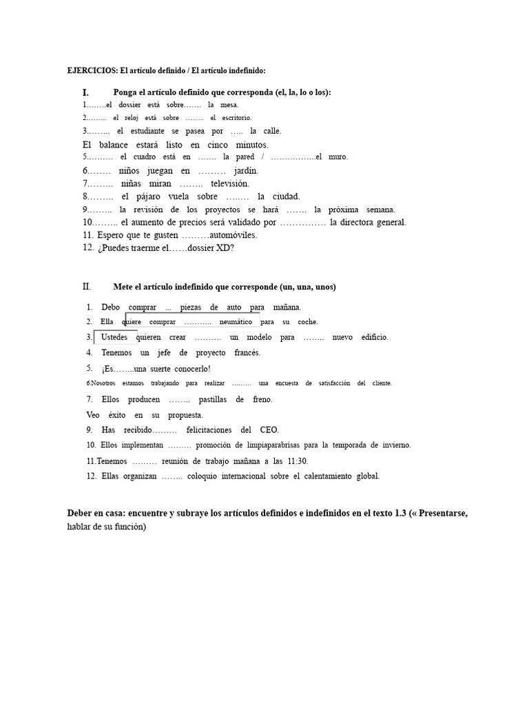 Ejercicios Artículos Definidos - Indefinidos | PDF