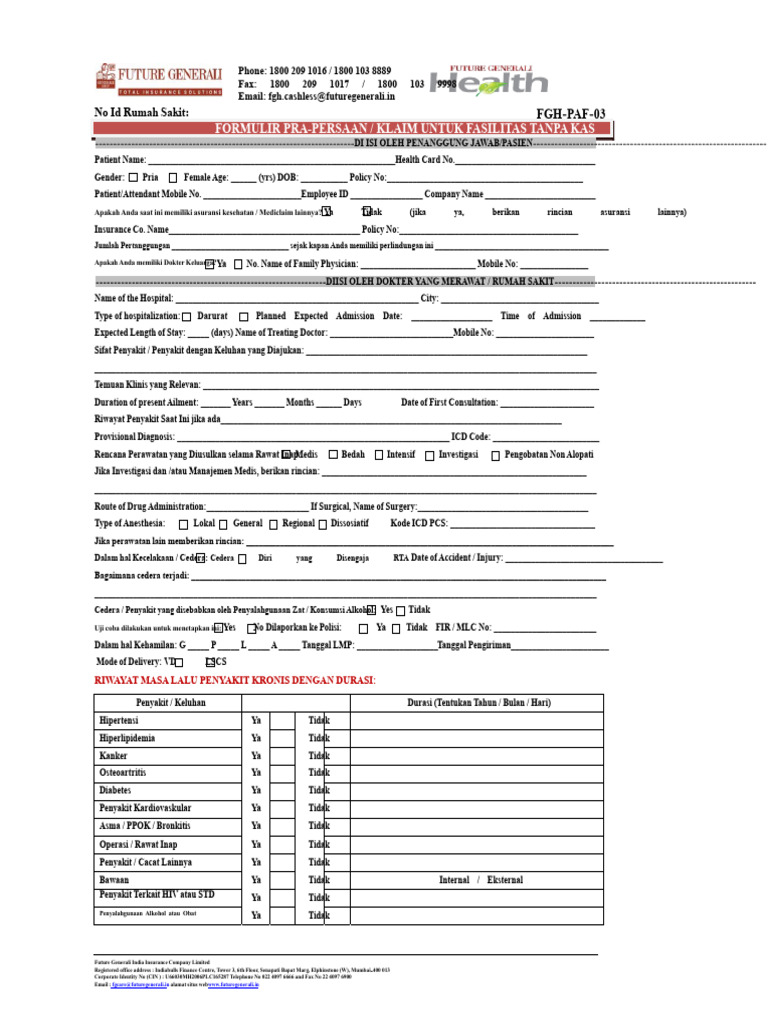 Formulir Pra-Otorisasi Future Generali | PDF